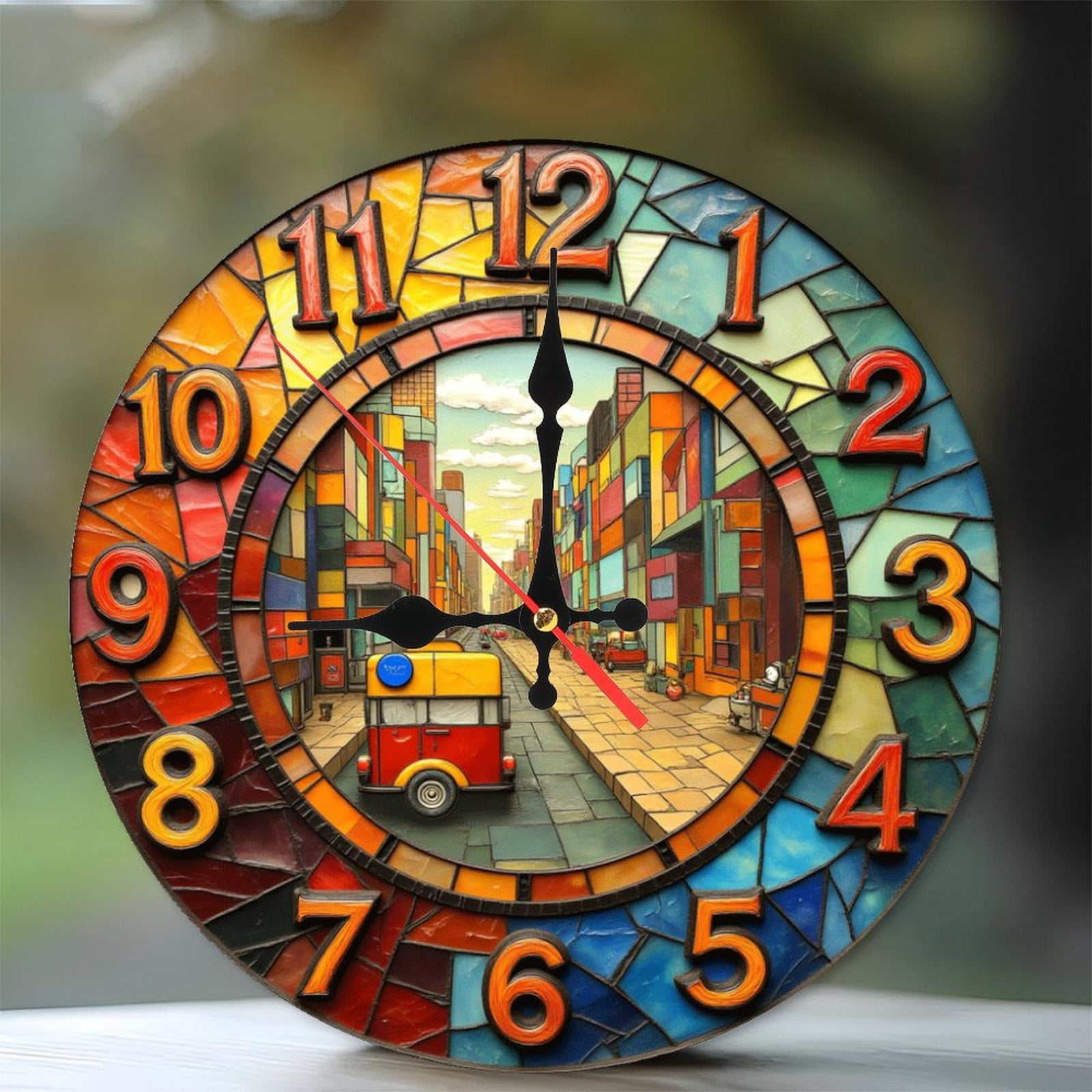 Colorful Wall Clock with Cityscape Design 10-Inch Silent Wooden Wall ...