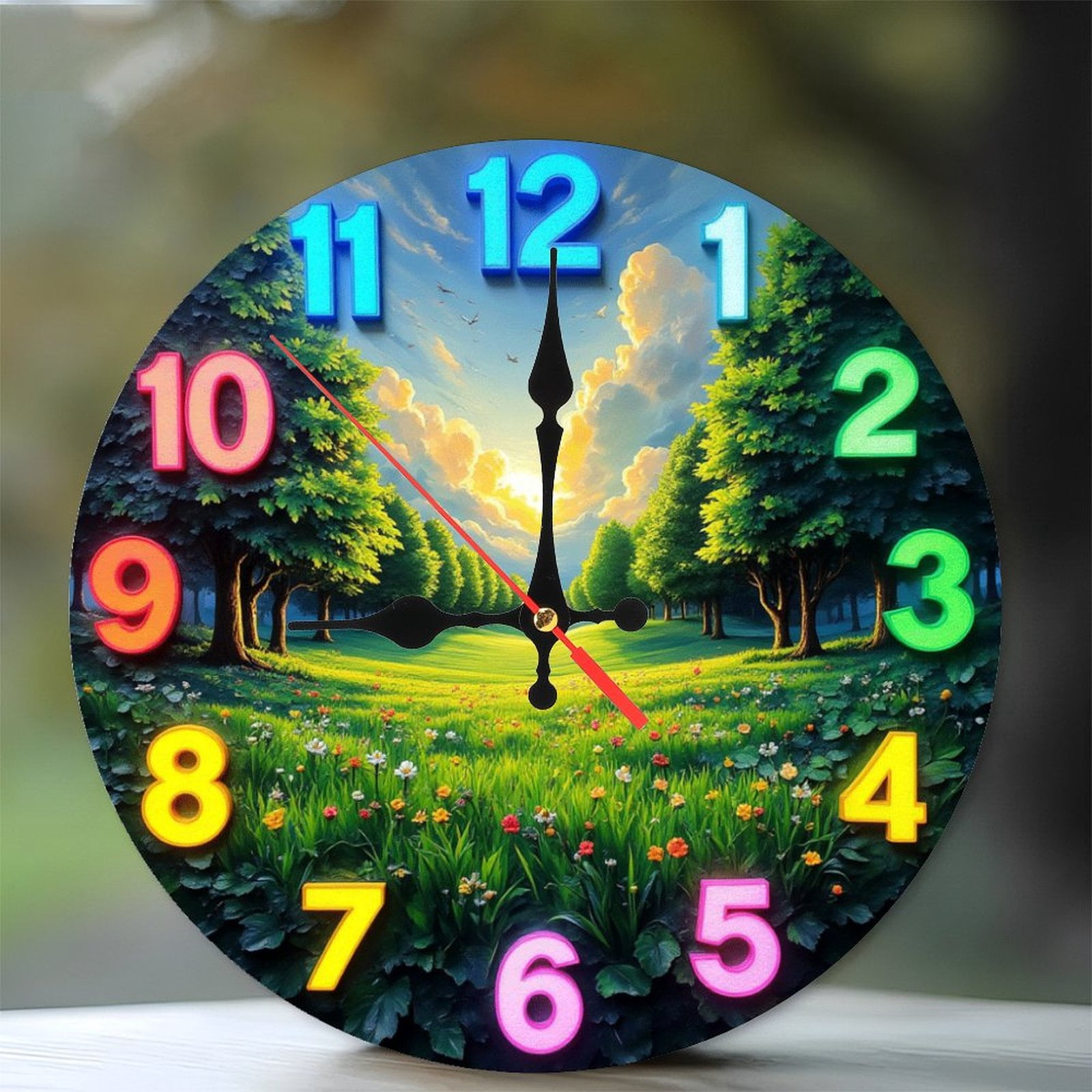 Colorful Wall Clock with Nature Scenery Design 10-Inch Silent Wooden ...