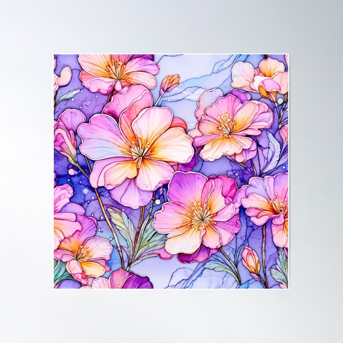 Colorful Watercolor And Alcohol Ink Painting Of Primrose Flowers Poster ...