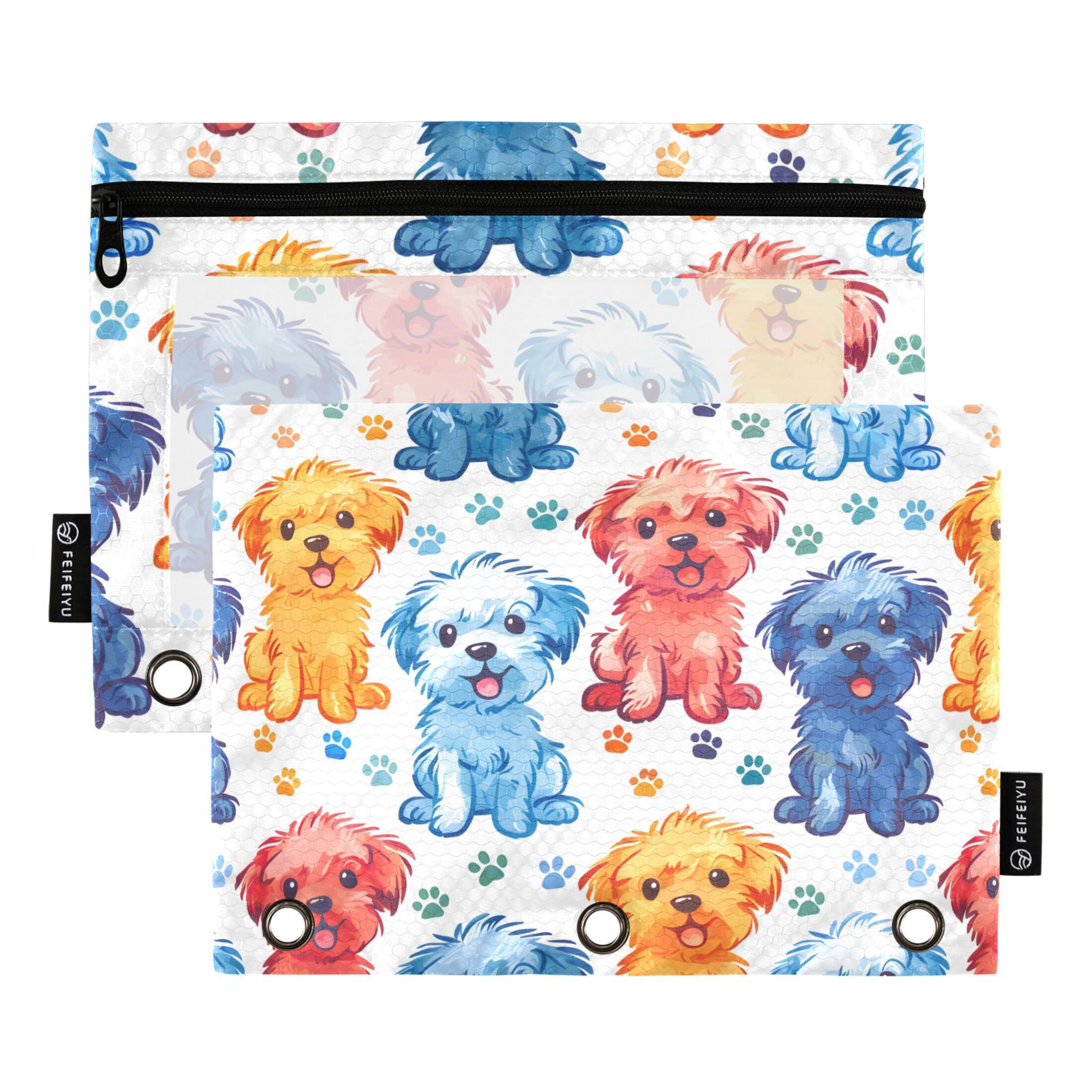 Colorful Watercolor Dogs 2 Pack Pencil Pouch for 3 Ring Binder Smooth ...