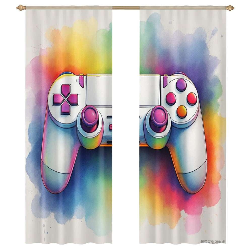 Colorful Watercolor Game Controller Art Modern Tulle Window Curtains ...