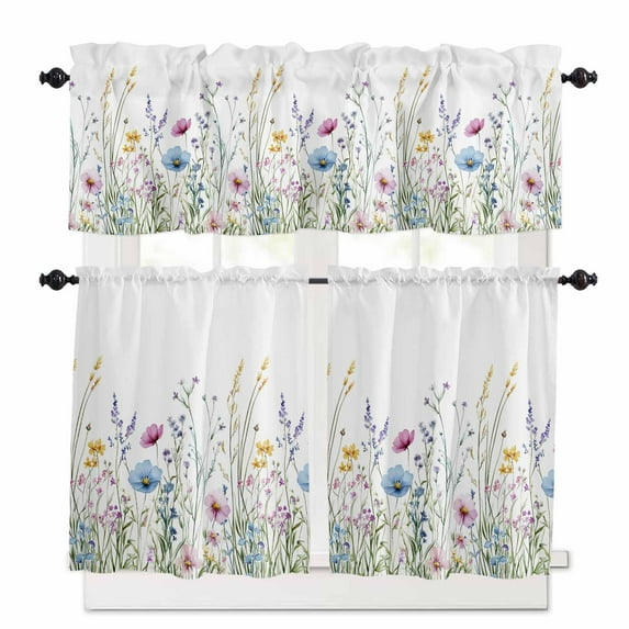 Colorful Watercolor Kitchen Curtains Valance and Tier Set Wildflower ...