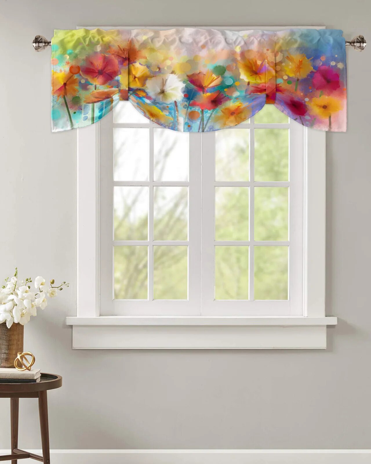 Colorful Watercolor Painting Of Flowers Window Curtain Kitchen Cabinet ...