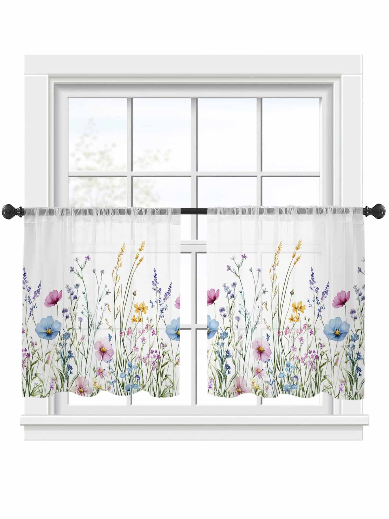 Colorful Watercolor Sheer Curtains 2 Panels Set Wildflower Field Plant ...