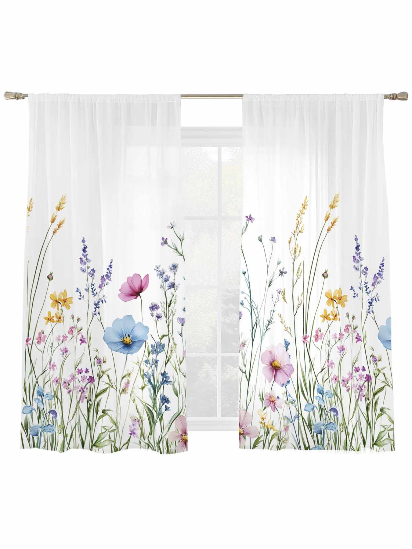 Colorful Watercolor Sheer Curtains 2 Panels Set Wildflower Field Plant ...