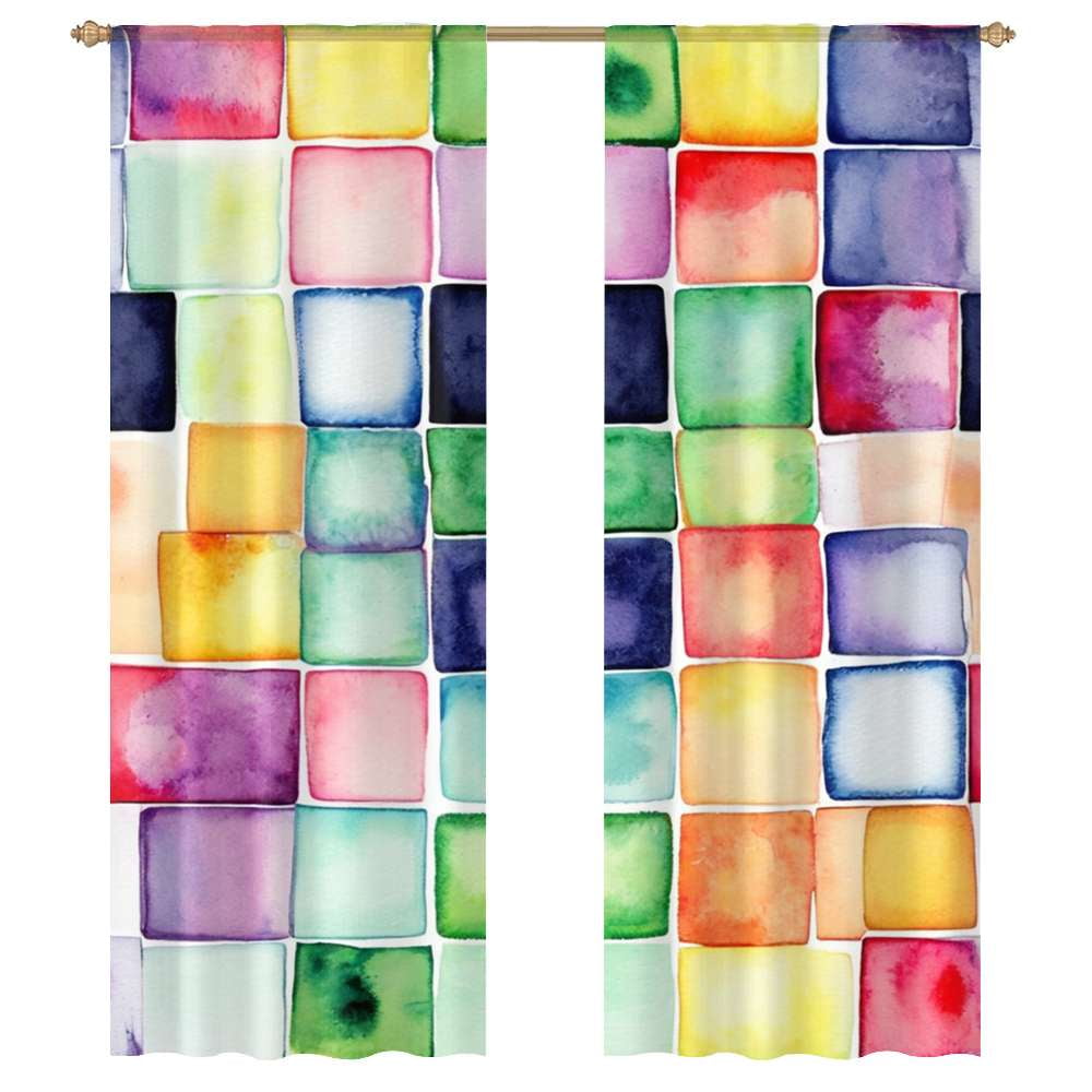 Colorful Watercolor Squares Pattern Modern Tulle Window Curtains for ...