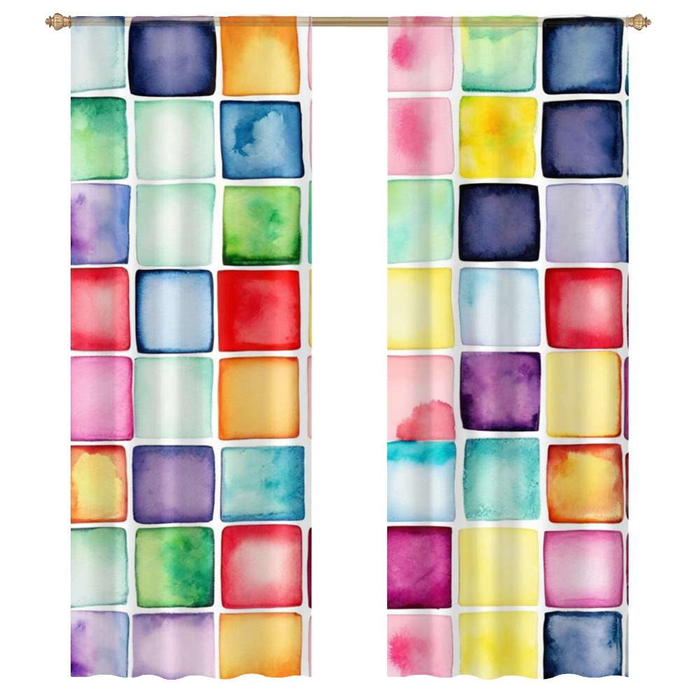 Colorful Watercolor Squares Pattern Sheer Window Curtains for Living ...