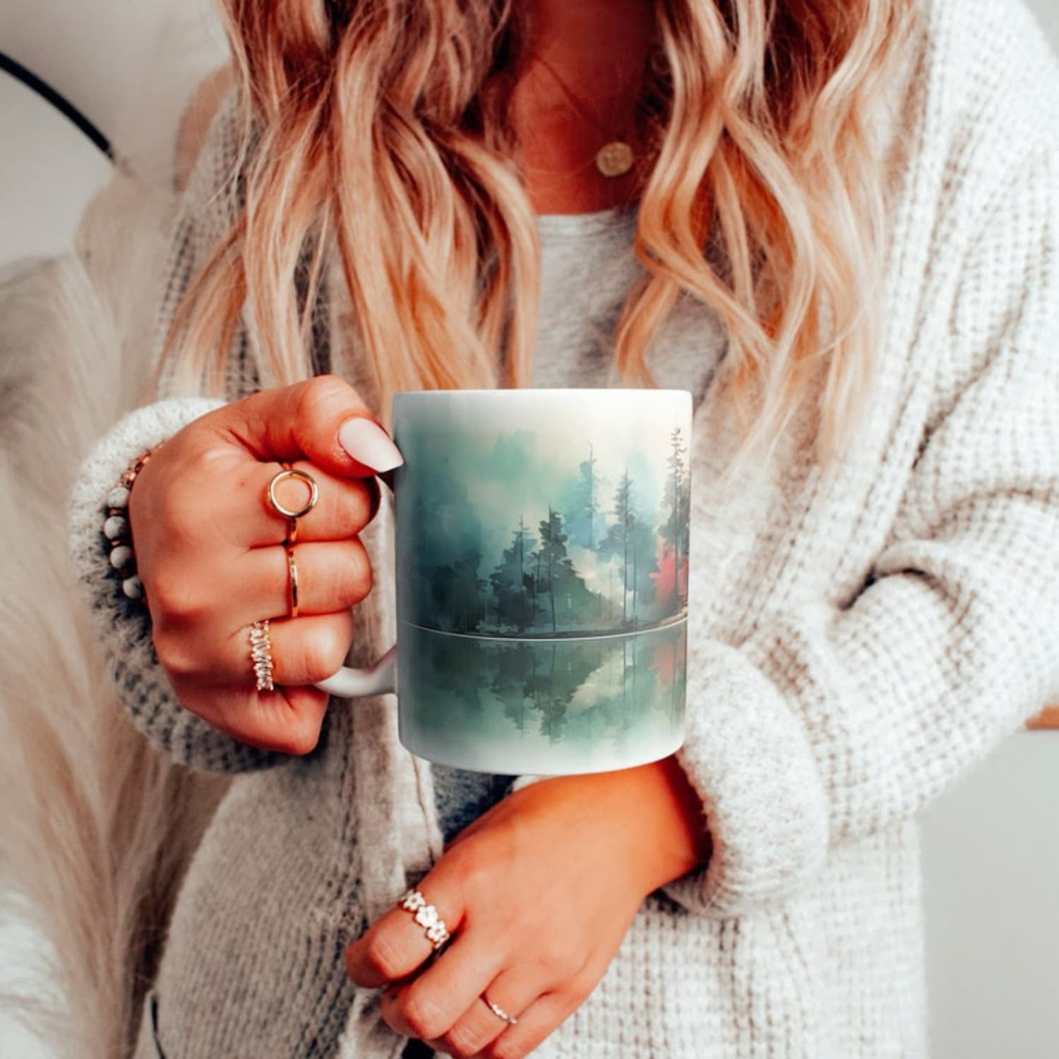 Colorful Watercolor est Fire Mug, Beautiful Wildfire Ceramic Mug, Pines ...