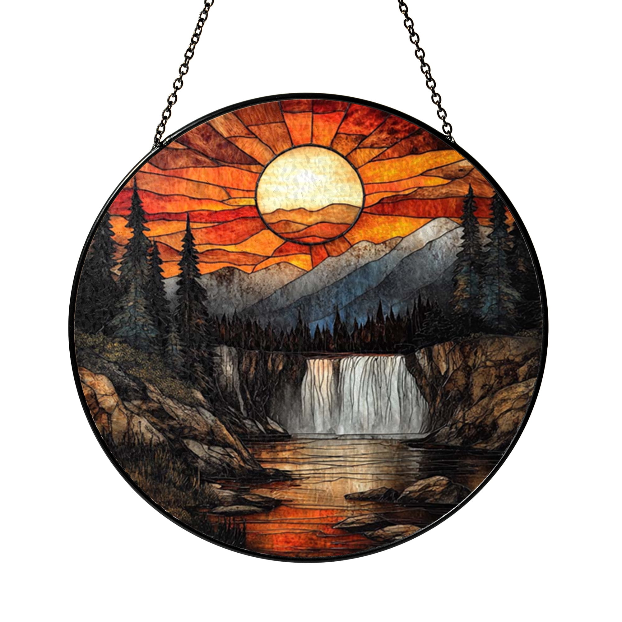 Colorful Waterfall Sunset Stained Glass Suncatcher – Round Window ...