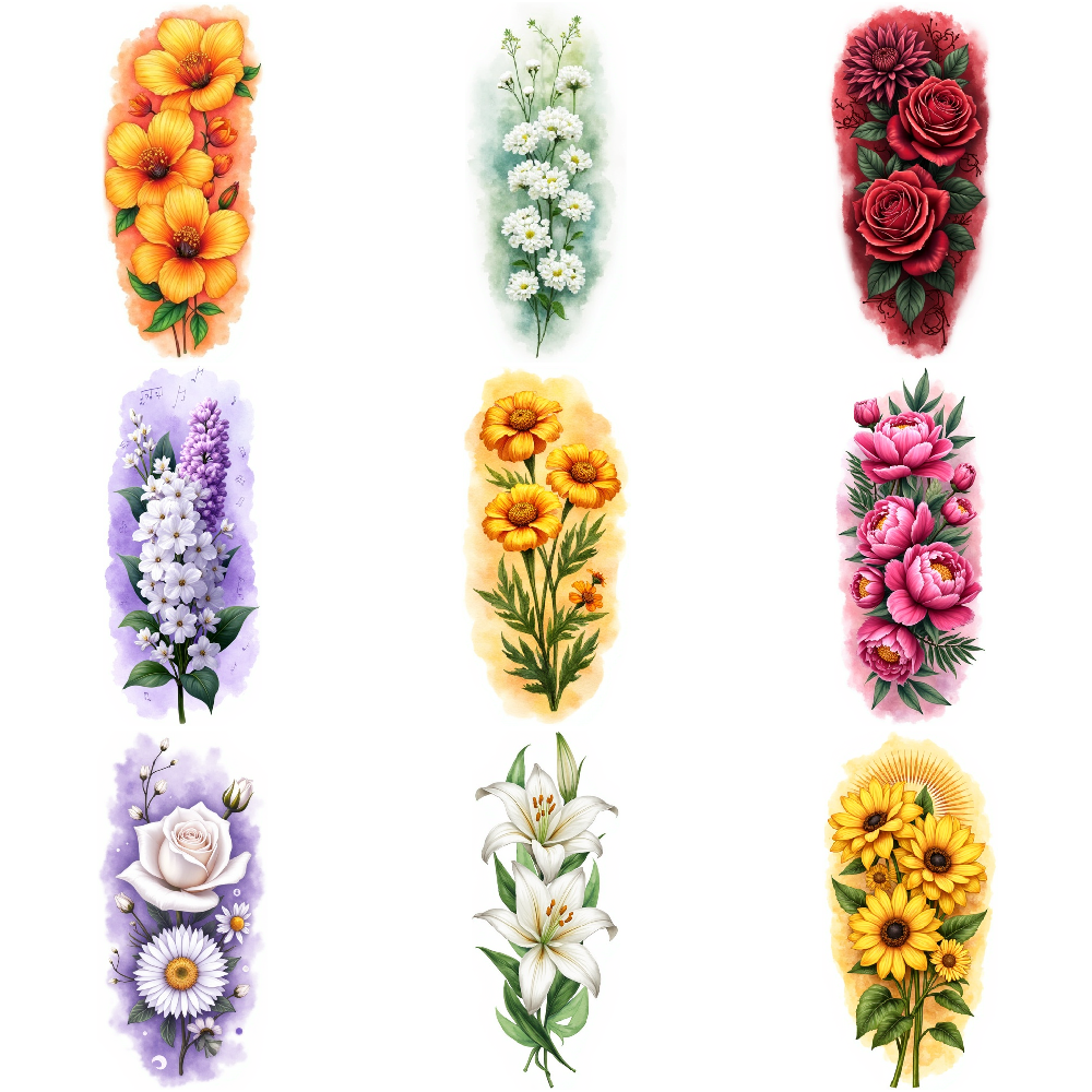 Colorful Waterproof Tattoos Flower Stickers 3D Realistic Temporary ...