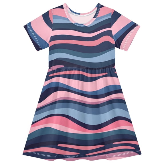 Colorful Wave Lines Girls' Short Sleeve Dress A-Line One-Piece Dress ...