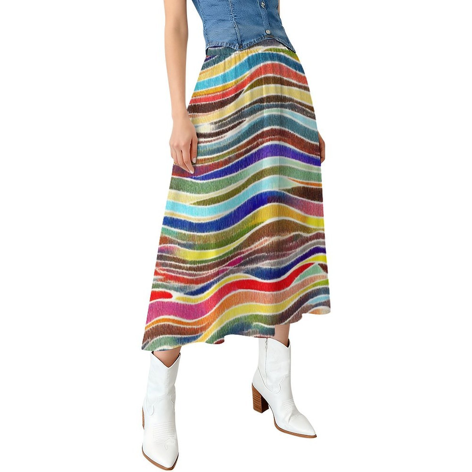 Colorful Wavy Abstract Lines Women High Waist Midi Skirt Elegant Midi ...