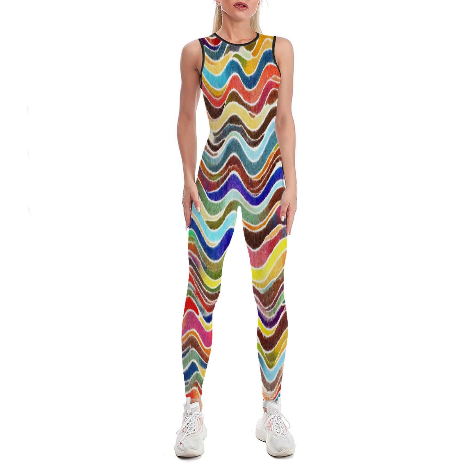 Colorful Wavy Abstract Lines Women's One Piece Yoga Jumpsuits Leggings ...