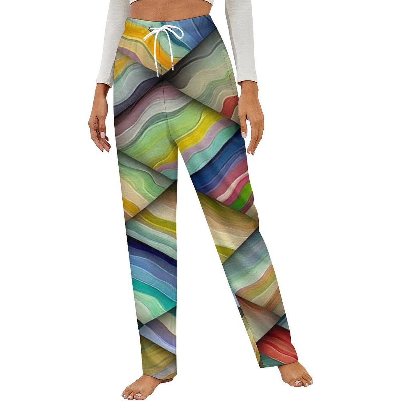 Colorful Wavy Abstract Pattern Winter Female Pants Flannel High Waist ...