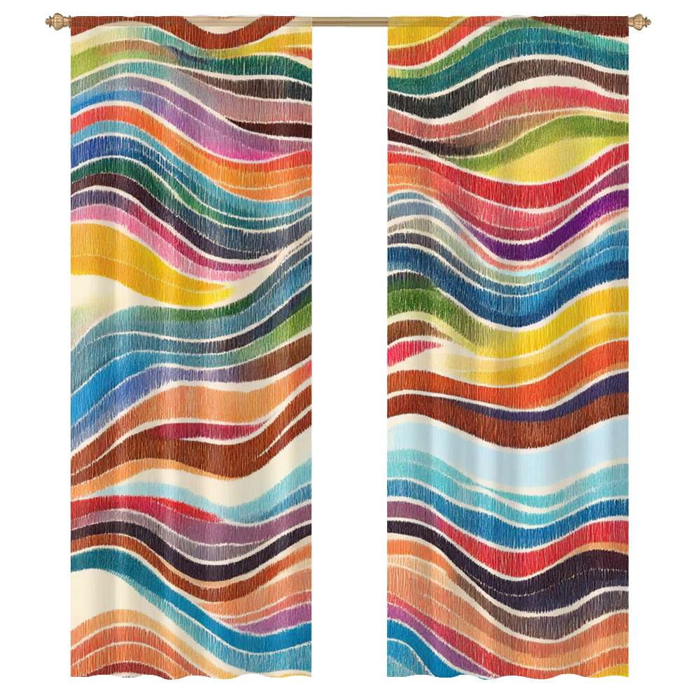 Colorful Wavy Striped Abstract Art Modern Tulle Window Curtains for ...