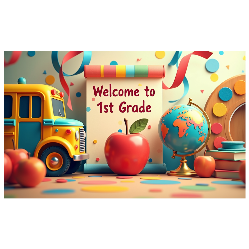 Colorful Welcome to 1st Grade Backdrop Banner, School Supplies Elements ...