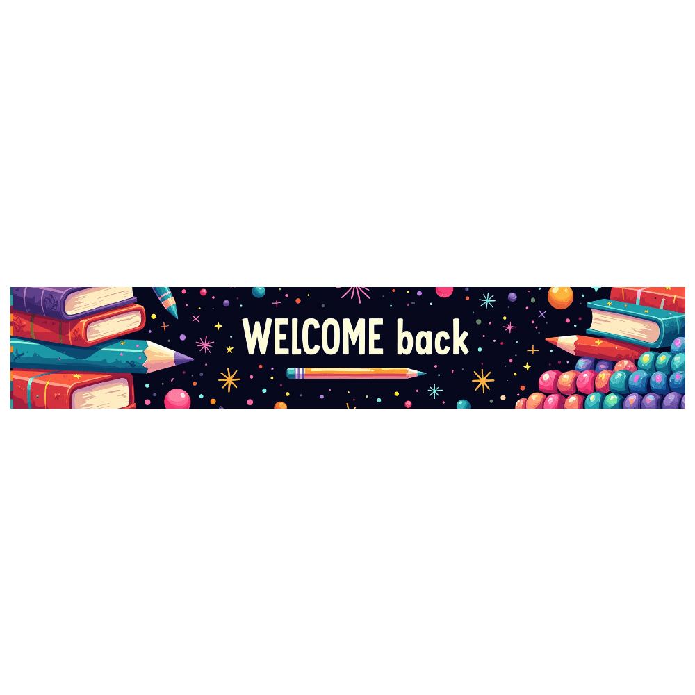 Colorful Welcome Back Banner with Pencils Books Balls and Stars ...