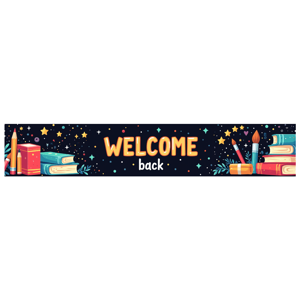 Colorful Welcome Back Banner with School Elements Books Pencils Balls ...