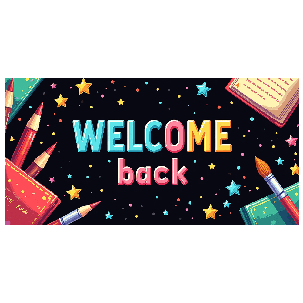 Colorful Welcome Back Banner with School Elements Books Pencils Balls ...