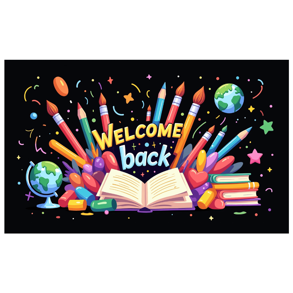 Colorful Welcome Back Banner with School Elements Books Pencils Balls ...