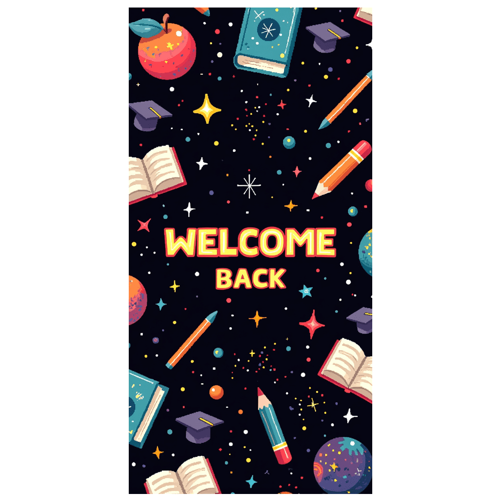 Colorful Welcome Back Banner with School Elements Books Pencils Balls ...