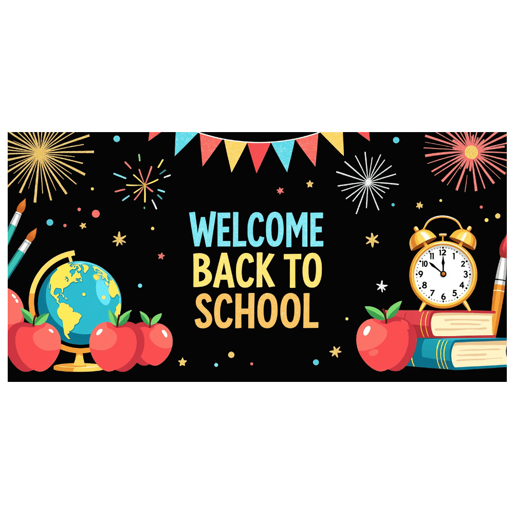 Colorful Welcome Back to School Banner with Book Apple Alarm Clock ...