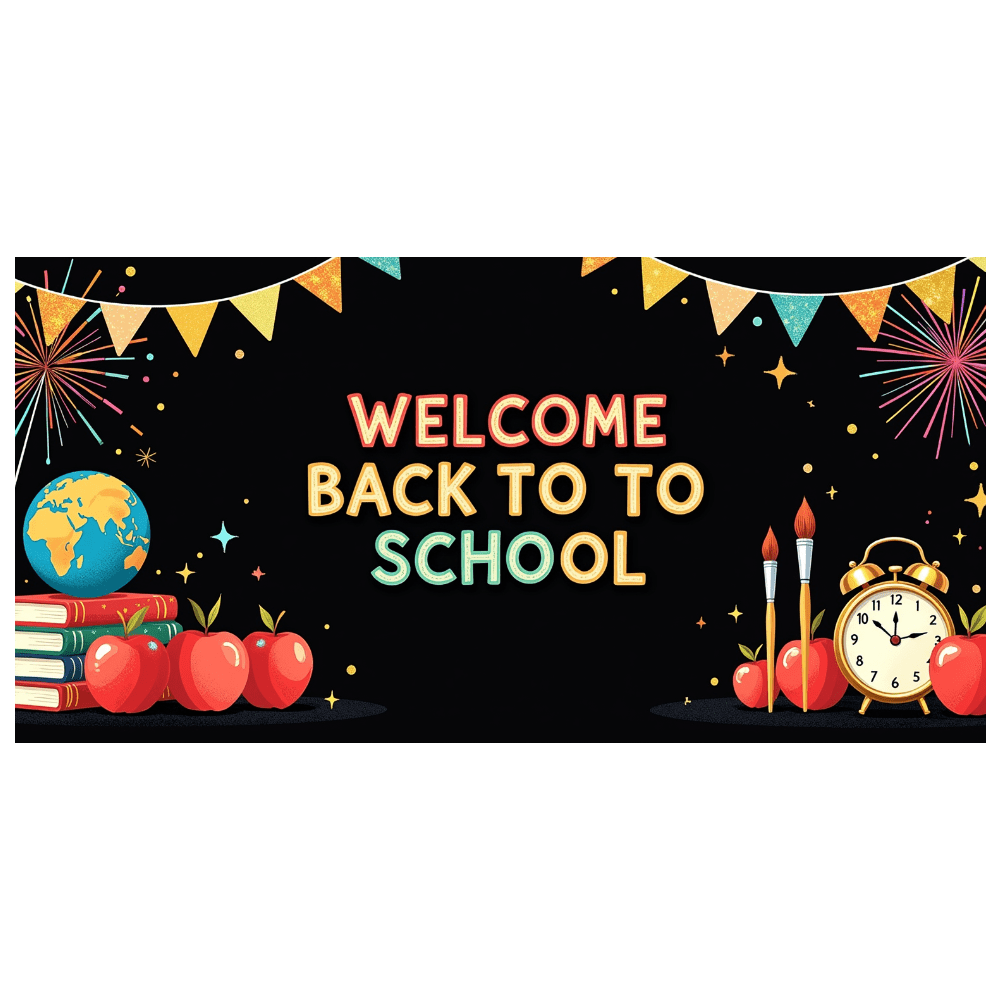 Colorful Welcome Back to School Banner with Book Apple Alarm Clock ...