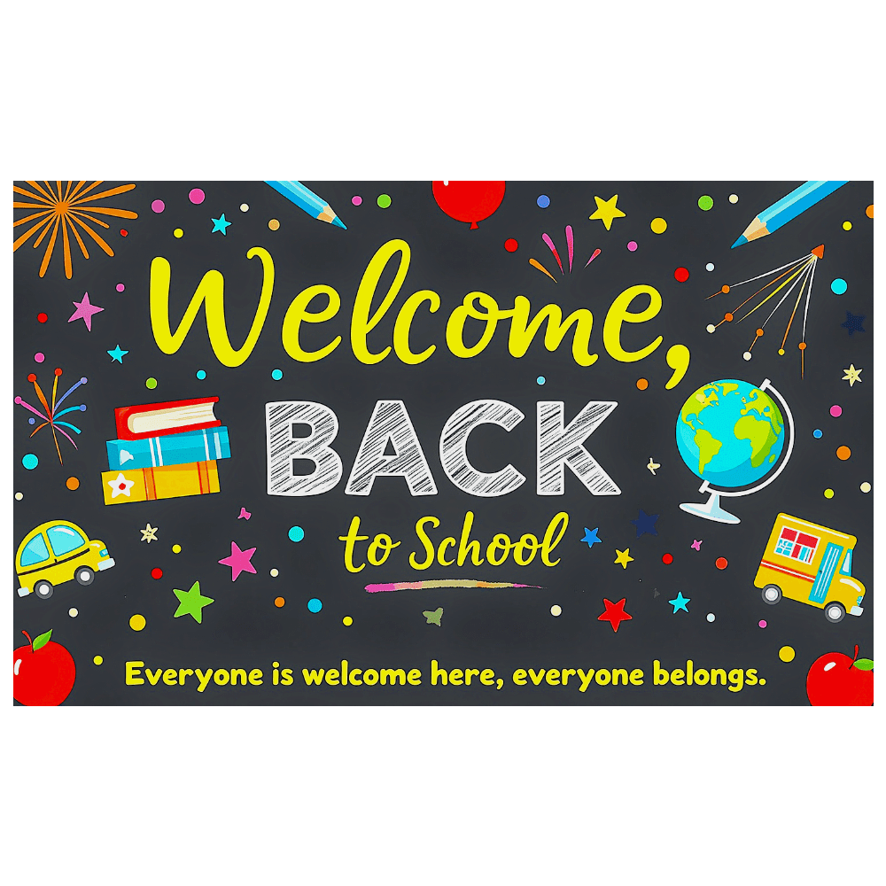 Colorful Welcome Back to School Banner with Book Globe Car and Star ...