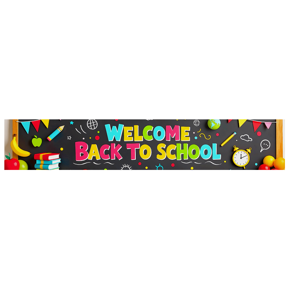 Colorful Welcome Back to School Banner with Fruits Stationery and Party ...
