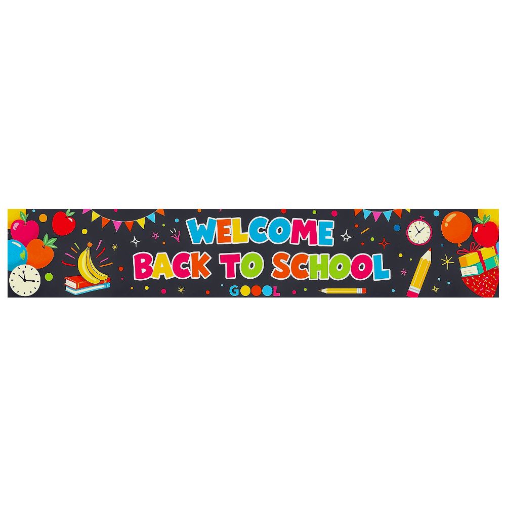 Colorful Welcome Back to School Banner with Fruits Stationery and Party ...