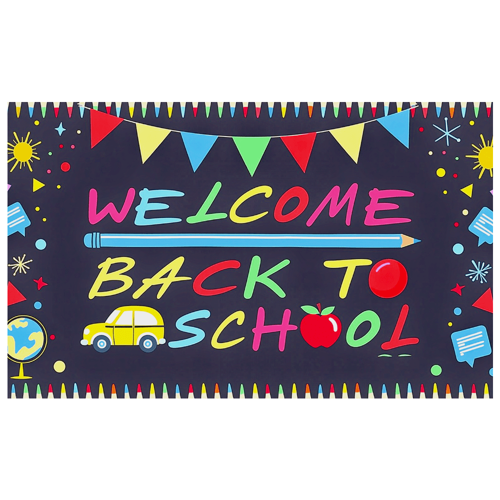 Colorful Welcome Back to School Banner with Pencil Bus Globe Elements ...