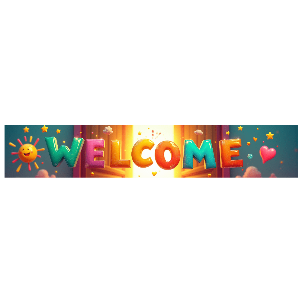 Colorful Welcome Banner with Sun Mascots and Star Elements Backdrop ...