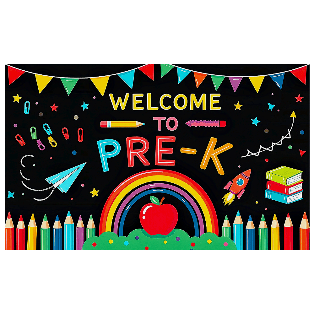 Colorful Welcome to Pre K Banner with Pencils Rainbows Stars and Books ...