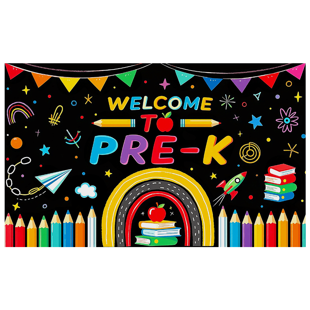 Colorful Welcome to Pre K Banner with Pencils Rainbows Stars and Books ...