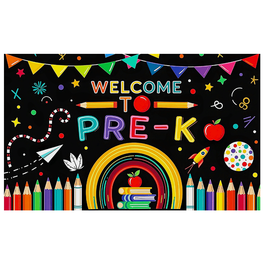 Colorful Welcome to Pre K Banner with Pencils Rainbows Stars and Books ...