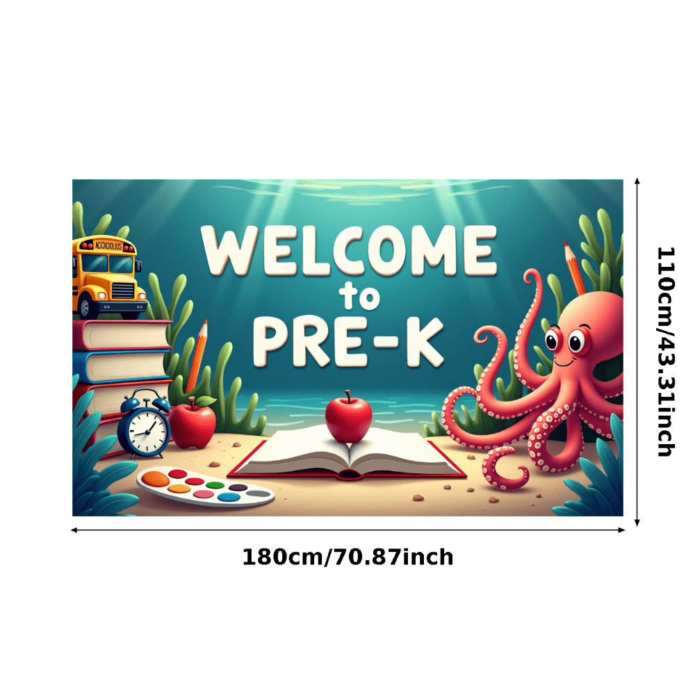 Colorful Welcome to Pre K Banner with School Bus Books Apples Alarm ...
