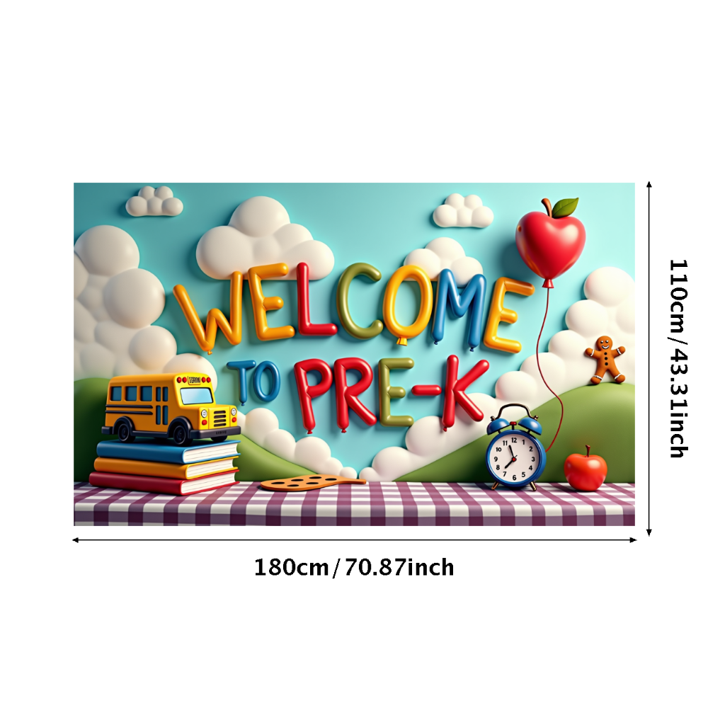 Colorful Welcome to Pre K Banner with School Bus Books Apples Alarm ...