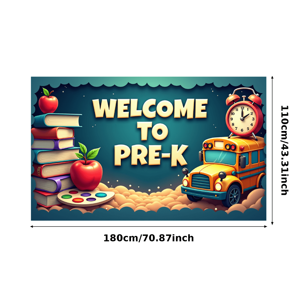 Colorful Welcome to Pre K Banner with School Bus Books Apples Alarm ...