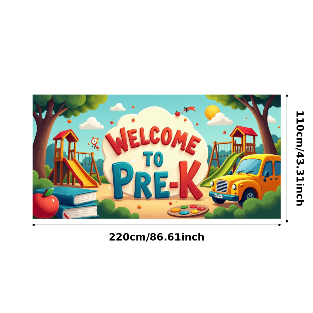 Colorful Welcome to Pre K Banner with School Bus Books Apples Alarm ...