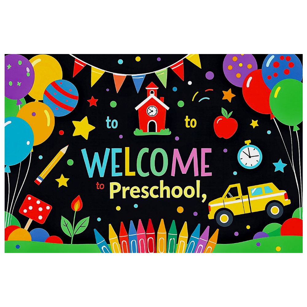 Colorful Welcome to Preschool Banner with Balloons Schoolhouse Elements ...