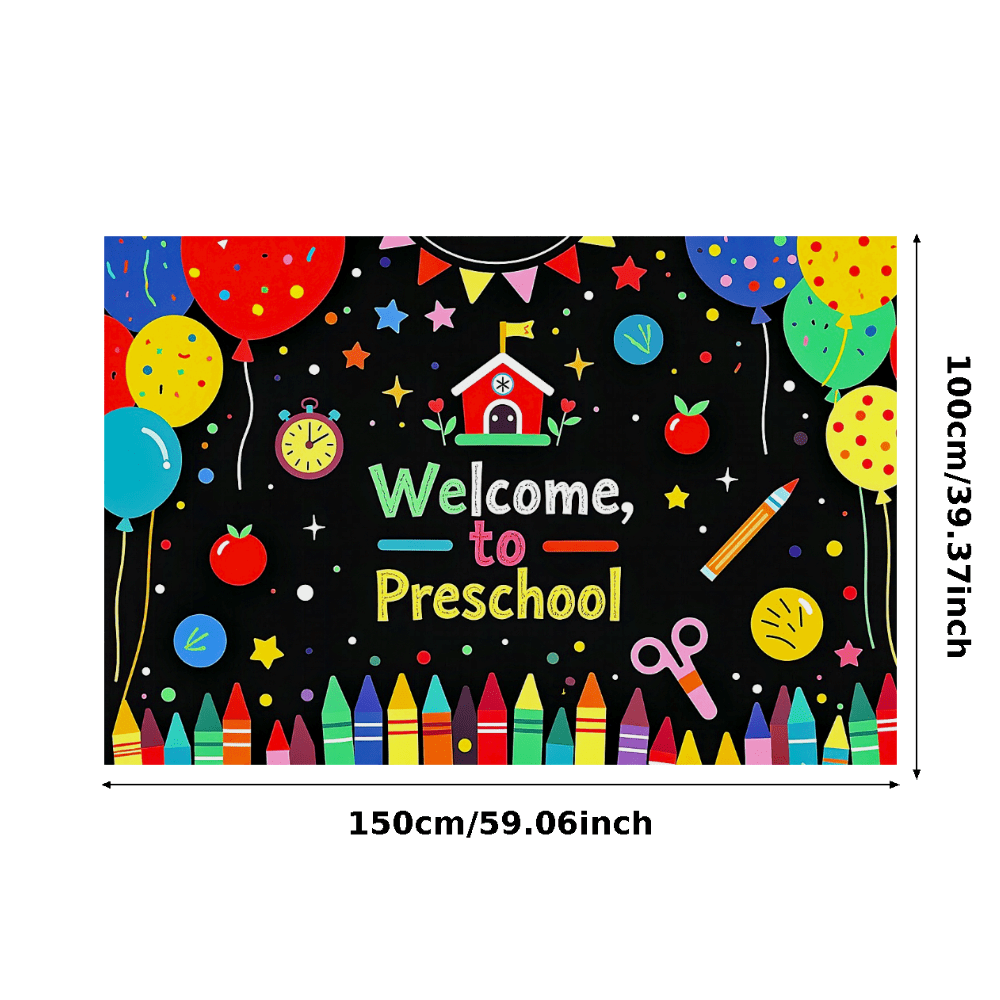 Colorful Welcome to Preschool Banner with Balloons Schoolhouse Elements ...