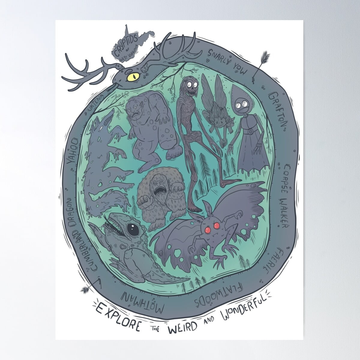 Colorful West Virginia Cryptids And Cryptozoology Poster Wall Art ...