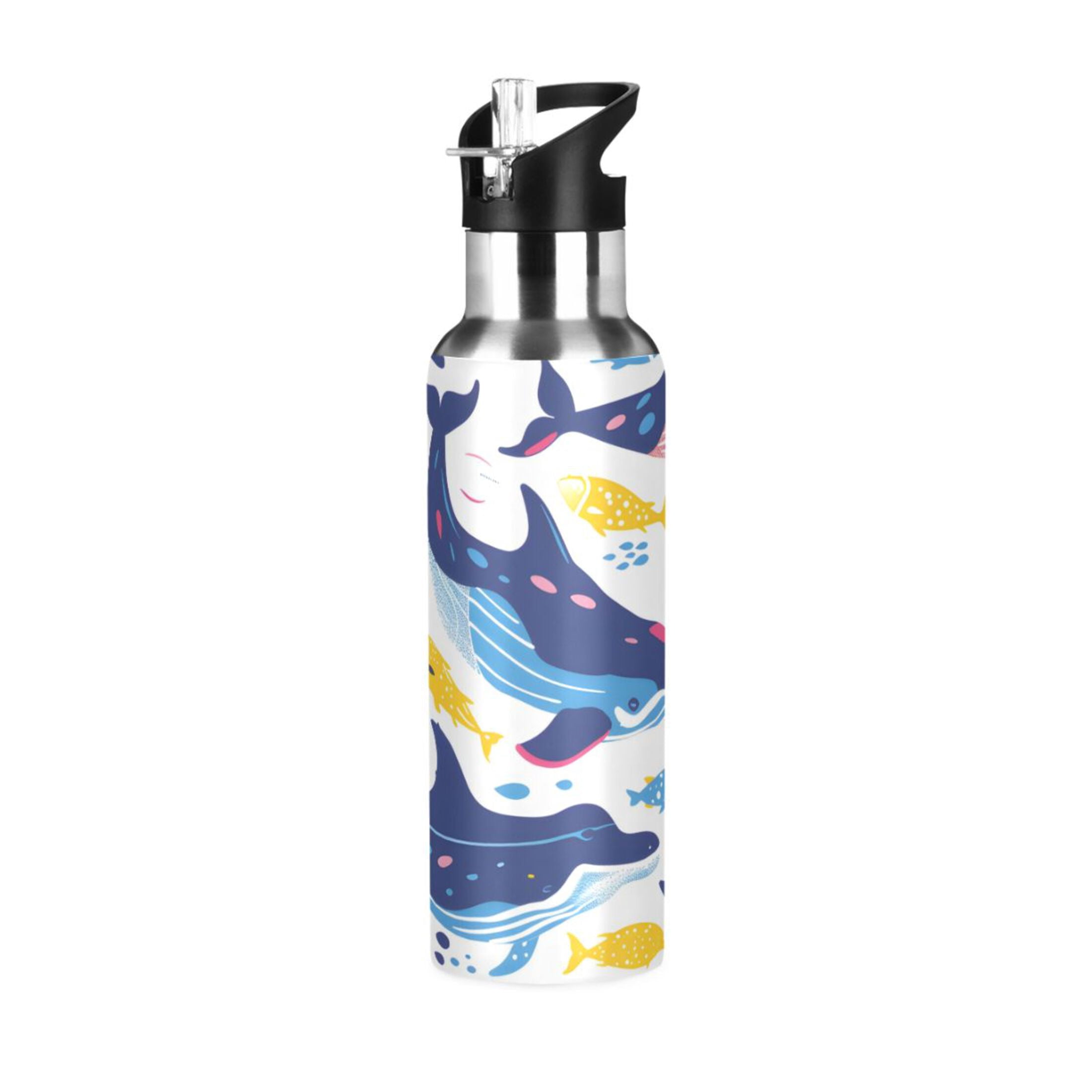 Colorful Whales Fishes Sports Bottle with Straw Stainless Steel Water ...