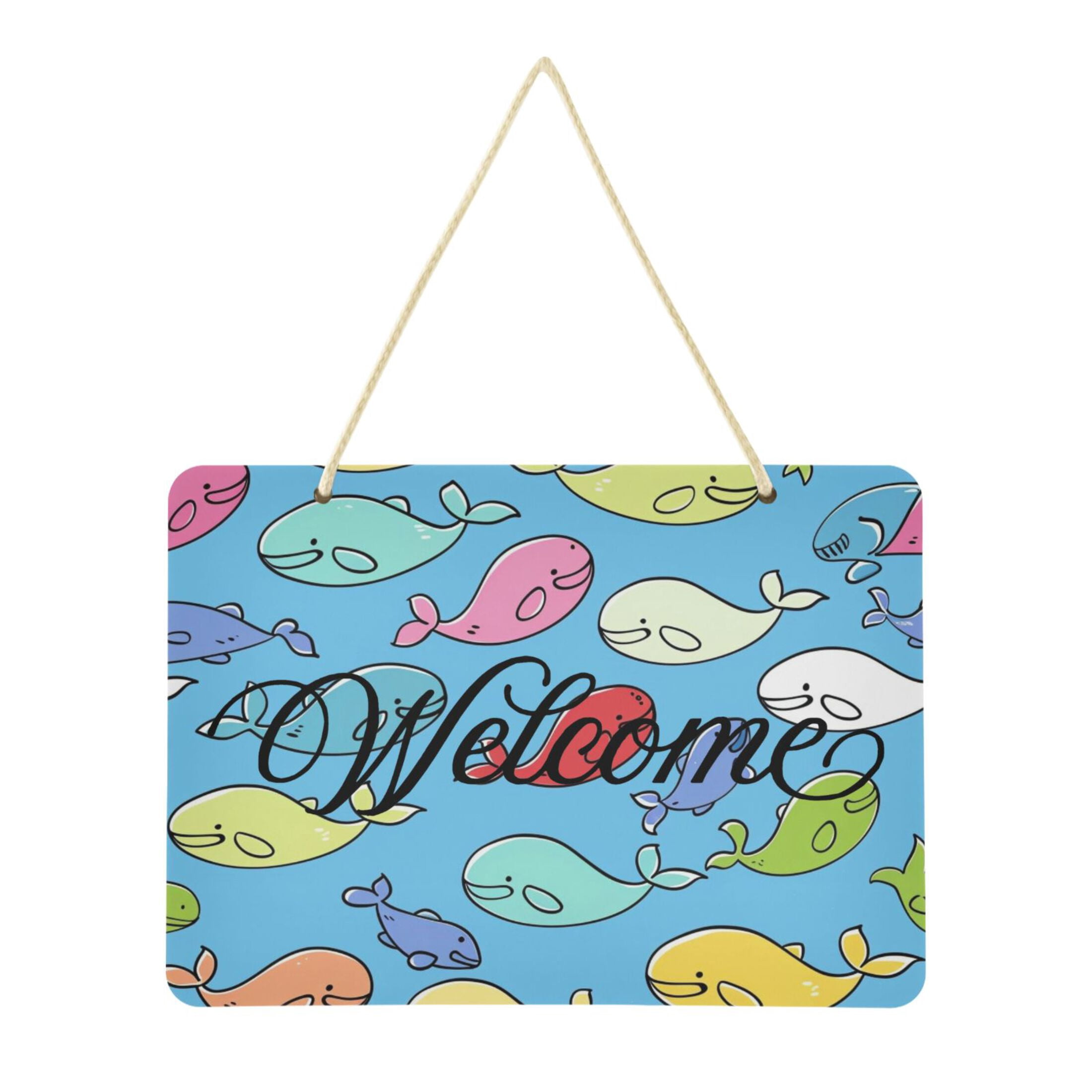 Colorful Whales in Ocean Welcome Sign Front Door PVC 14x10 inch Hanger ...