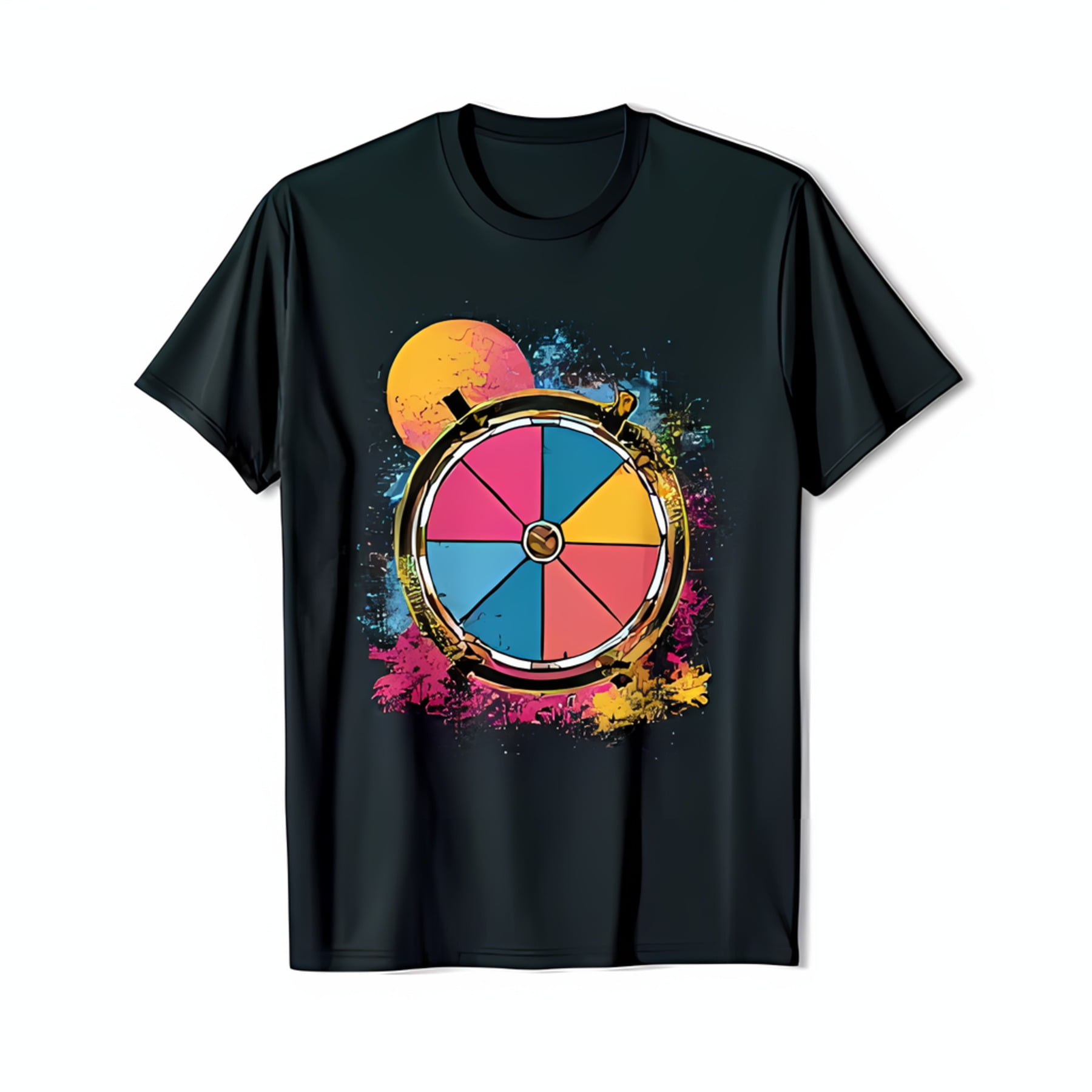 Colorful Wheel Design Black T-Shirt with Splattered & Sun Graphic ...