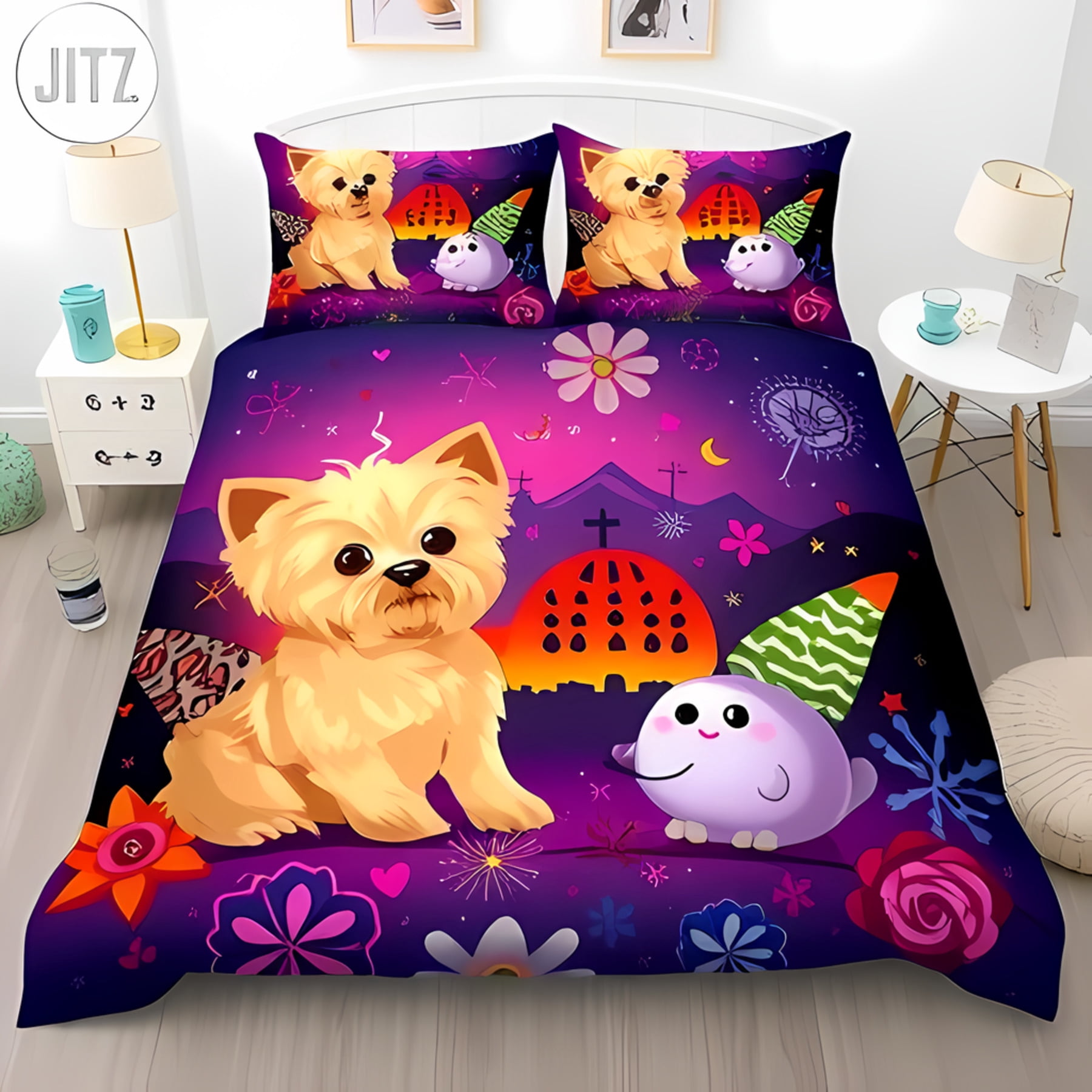 Colorful Whimsical 3-Piece Duvet Cover Set - Night Sky Vibrant Flowers ...