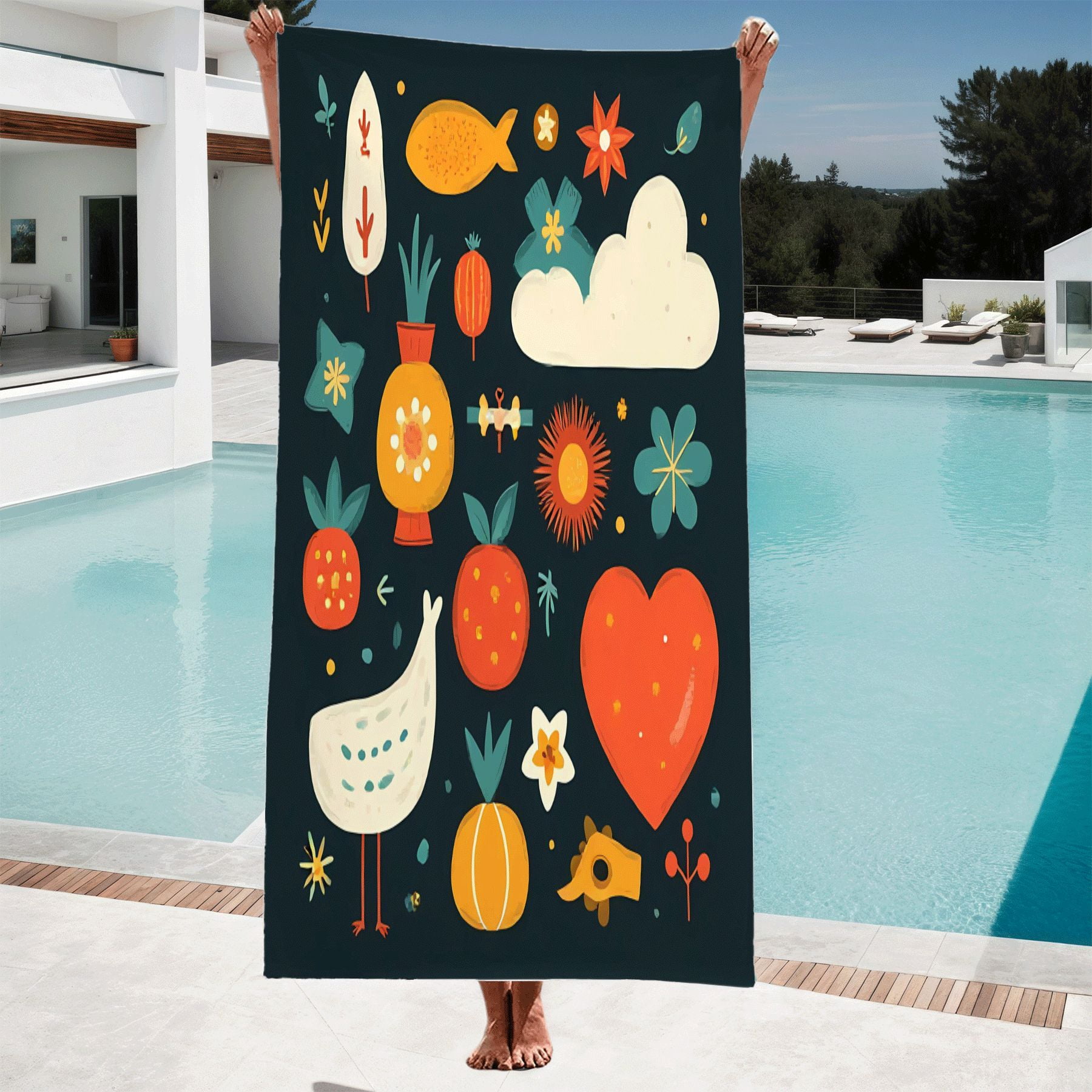 Colorful Whimsical Beach Towel with Fish Trees Sun & Fruits - Perfect ...