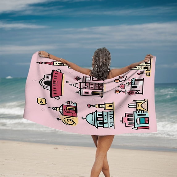 Colorful Whimsical Cityscape Beach Towel - Playful Pattern of Stylized ...