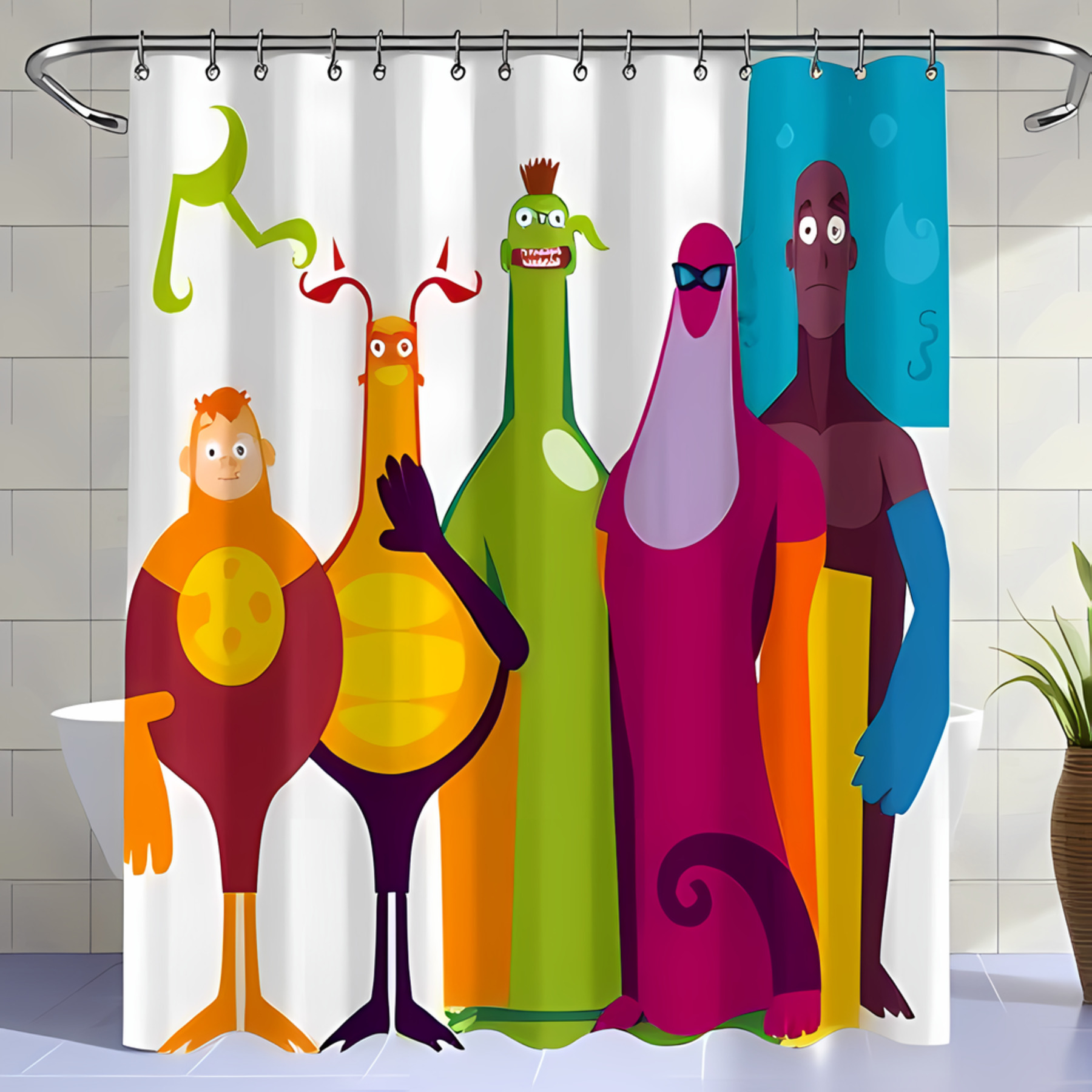 Colorful Whimsical Shower Curtain with 5 Diverse Characters: Monkey ...
