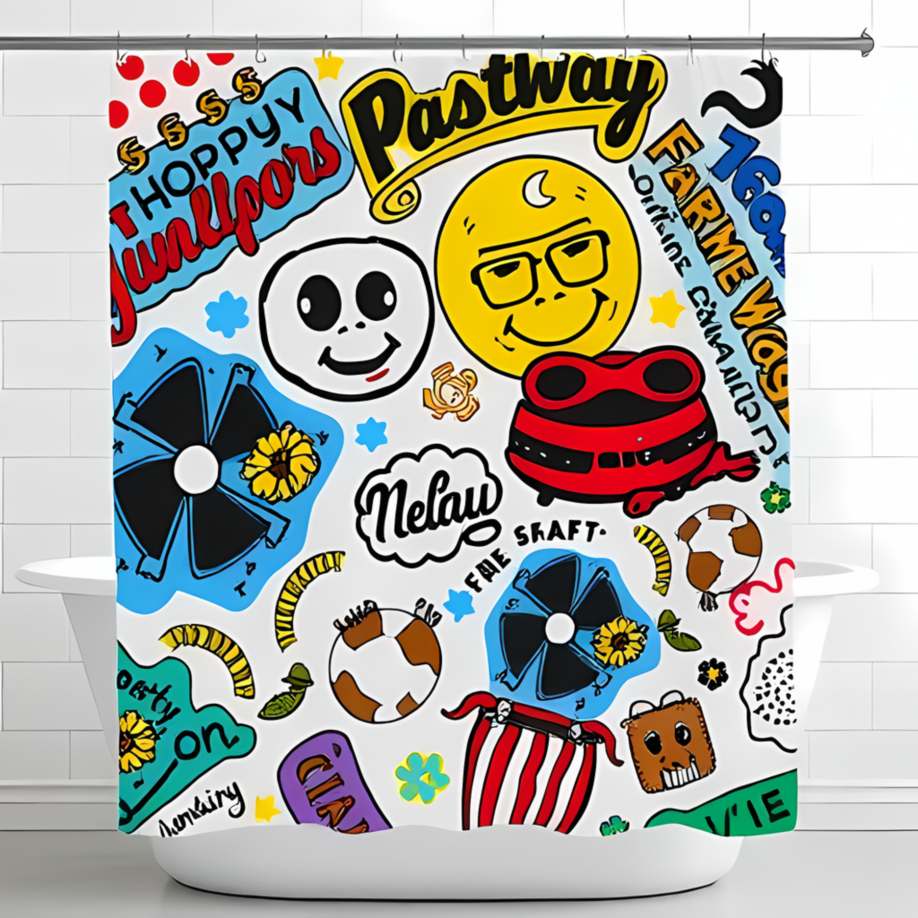 Colorful Whimsical Shower Curtain with Playful Illustrations: Sun ...